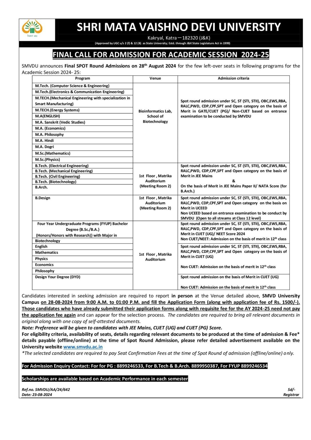 Admissions SMVDU – Admission 2024-25 OPEN at SMVDU